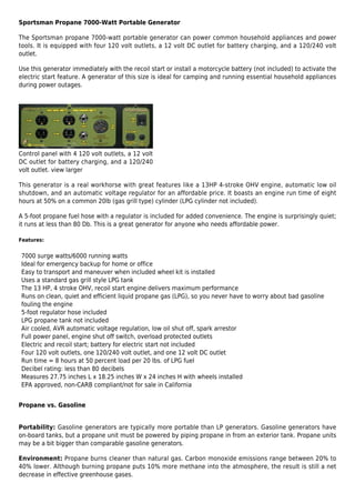 Sportsman gen7000 lp 7000 watt 13-hp ohv propane-powered portable generator | PDF