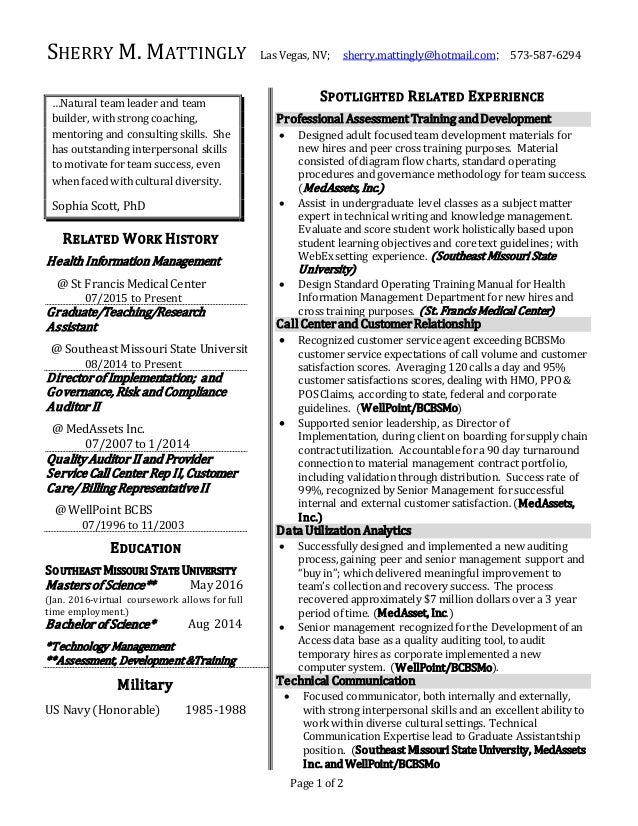 Sherry Mattingly Spotlight Resume