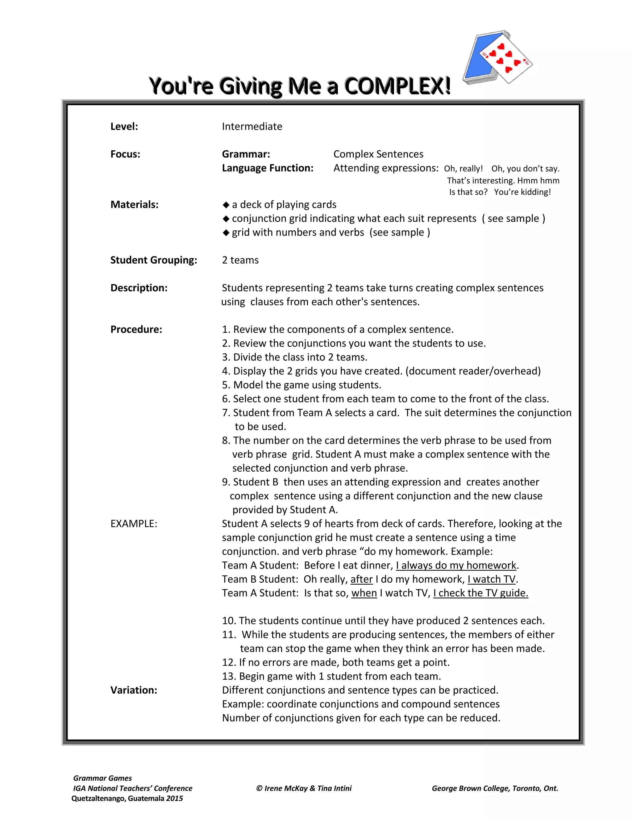 Spotlight session final grammar games handout Xela 2015 | PDF