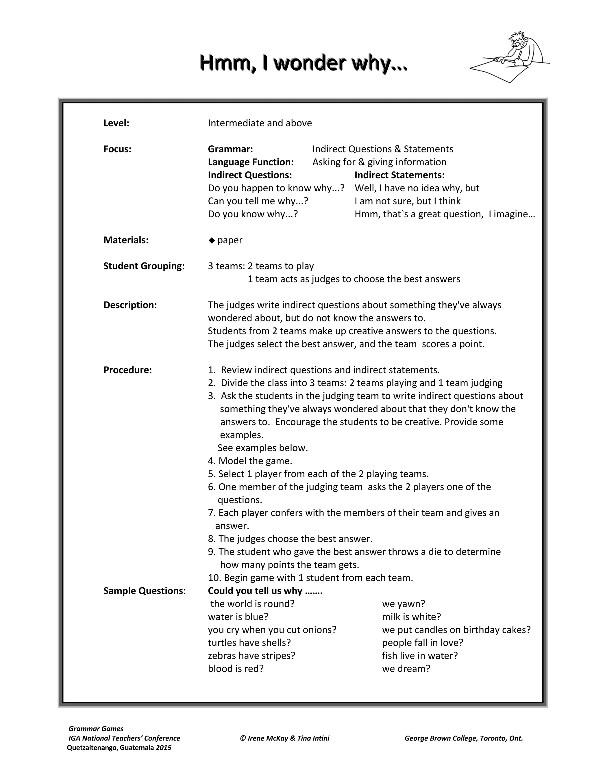 Spotlight session final grammar games handout Xela 2015 | PDF
