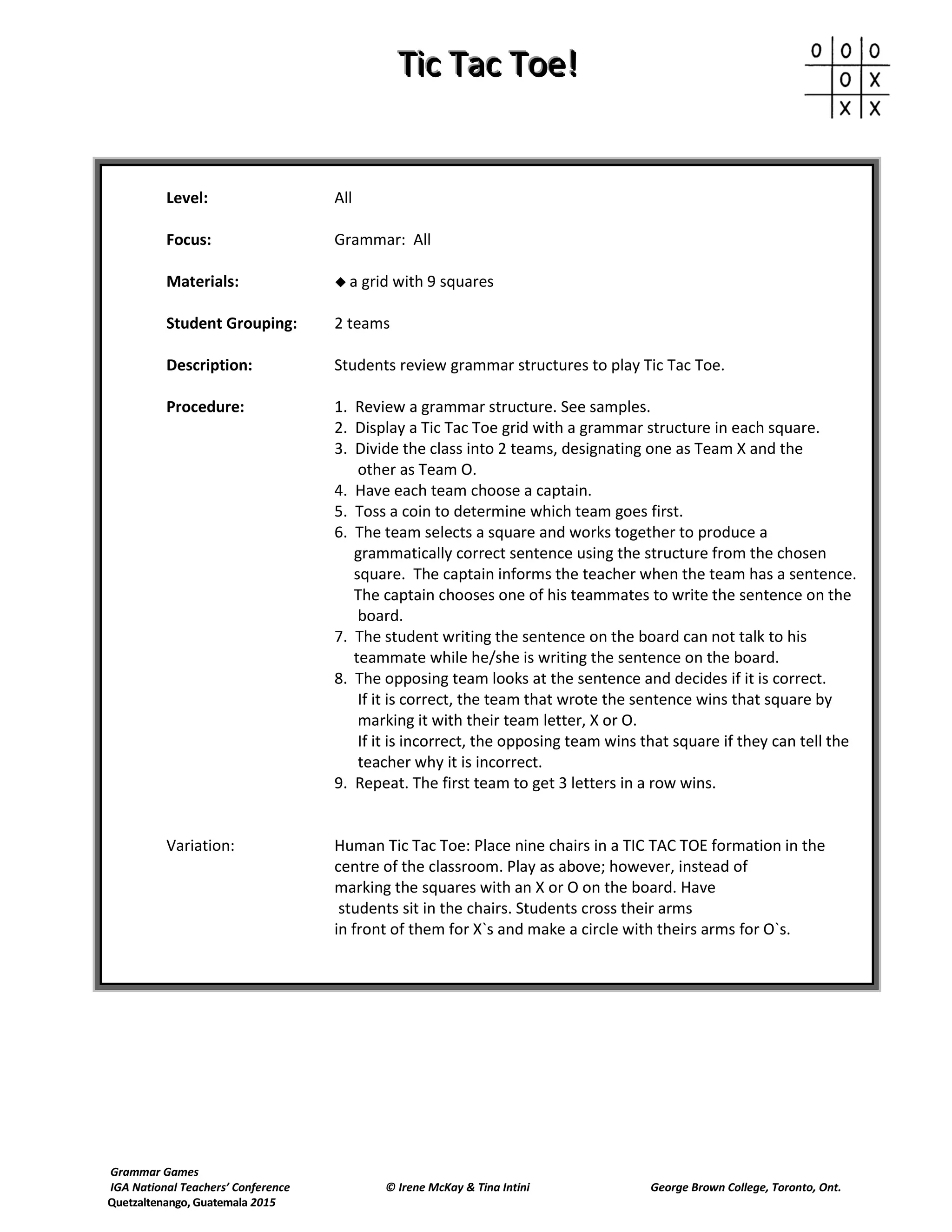 Spotlight session final grammar games handout Xela 2015 | PDF