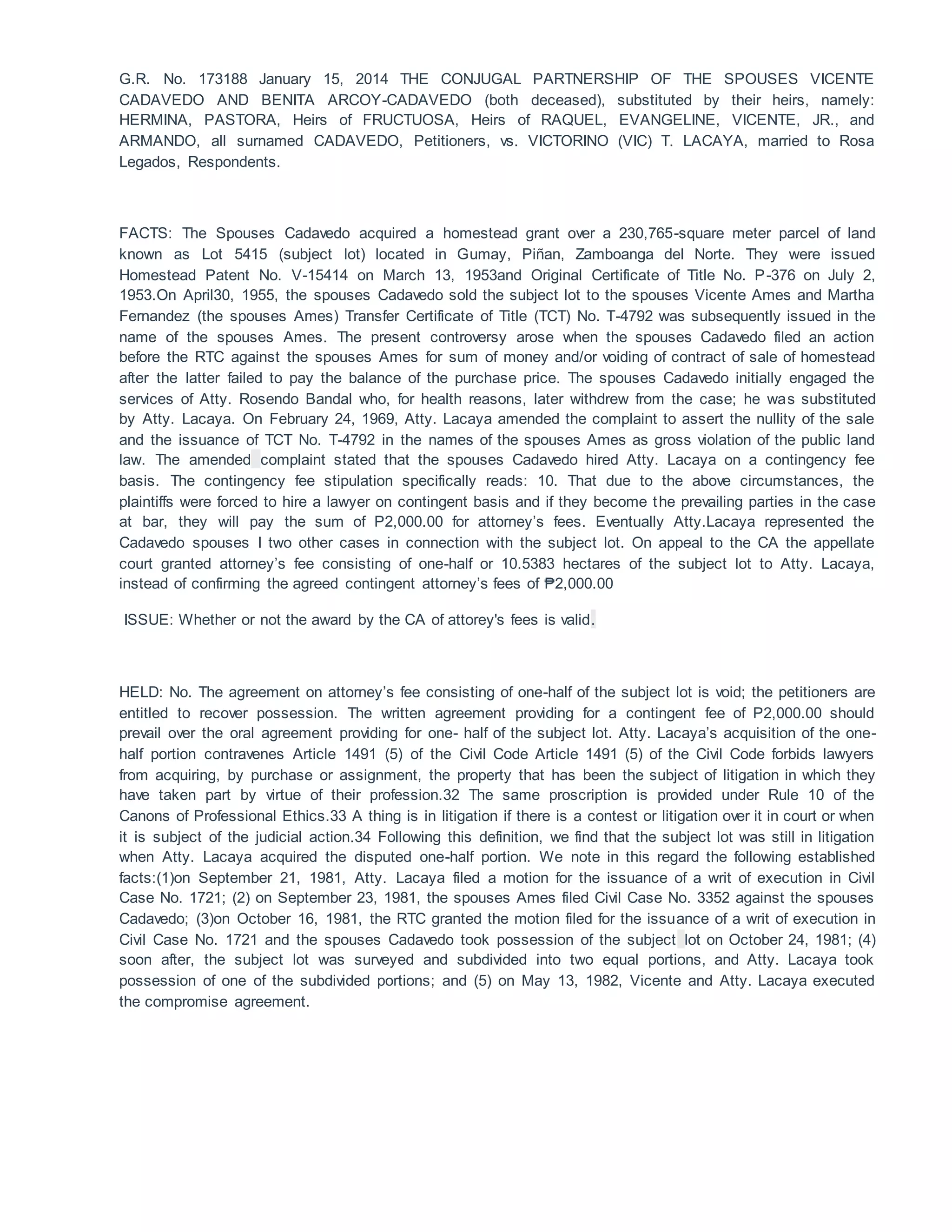 Spouses cadavedo vs lacaya | DOCX