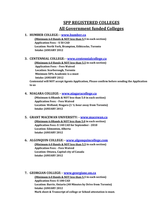 SPP college list canada | PDF | Undergraduate Education | College Education