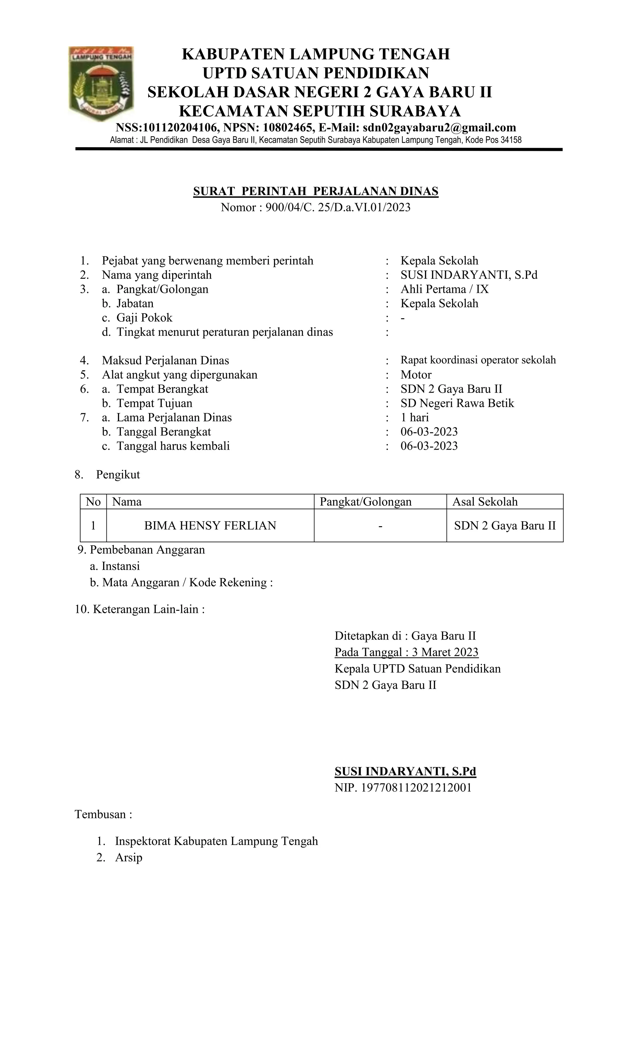 Surat Perjalanan Dinas Kabupaten untuk operastor sekolah | DOCX