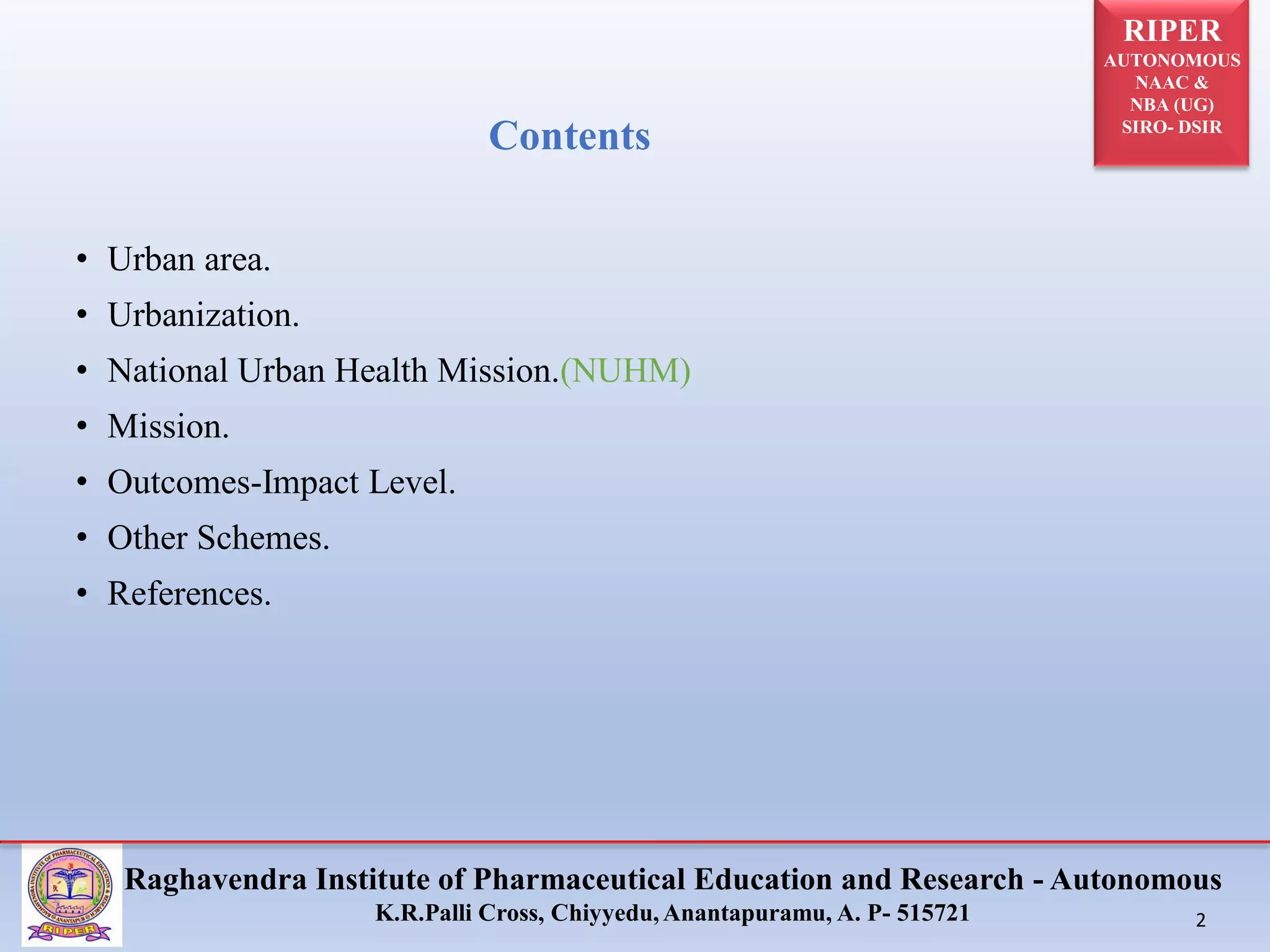 National Urban Health Mission ( Social and Preventive Pharmacy) | PDF