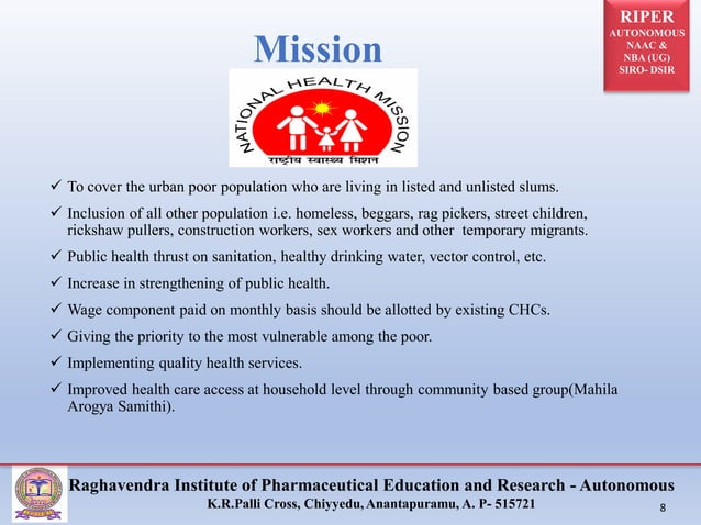 National Urban Health Mission ( Social and Preventive Pharmacy) | PDF