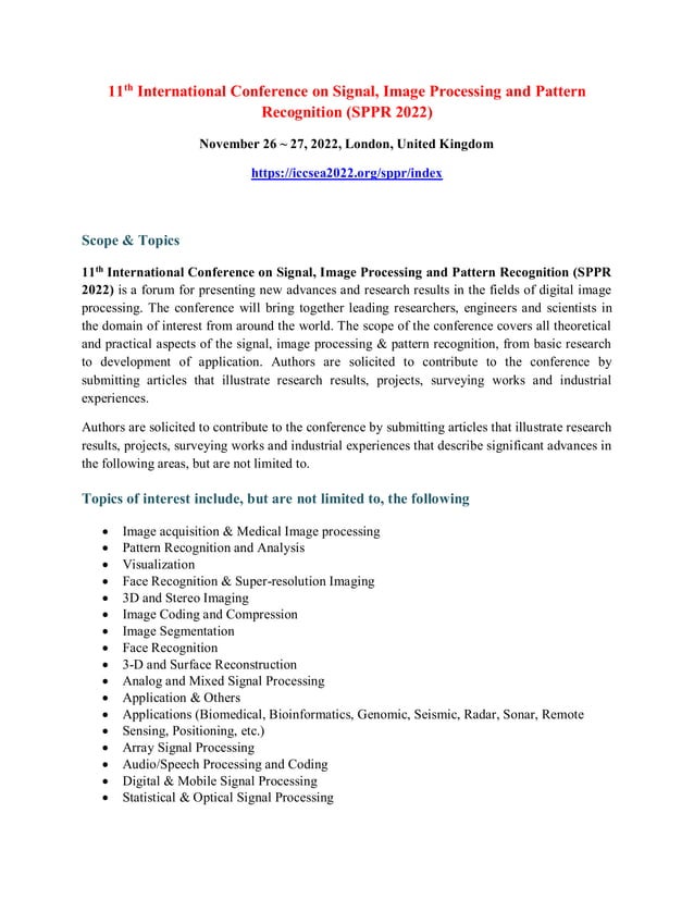 11th International Conference on Signal, Image Processing and Pattern Recognition (SPPR 2022 ...