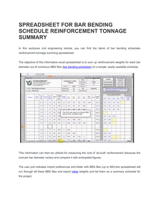 SPREADSHEET FOR BAR BENDING SCHEDULE REINFORCEMENT TONNAGE SUMMARY | PDF