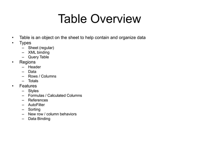 Spreadsheet ml subject tables | PPT