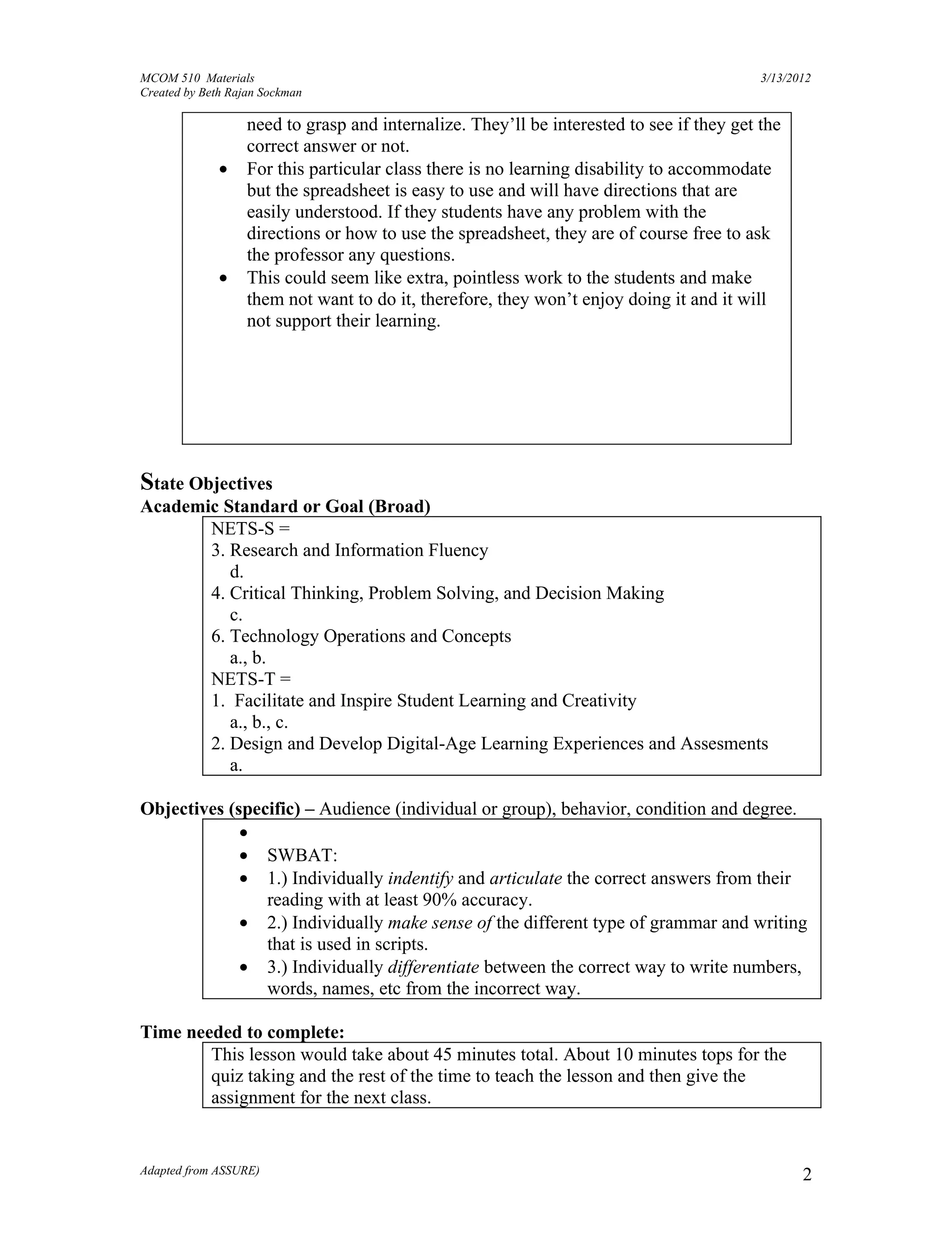Spreadsheet Lesson Plan | DOC