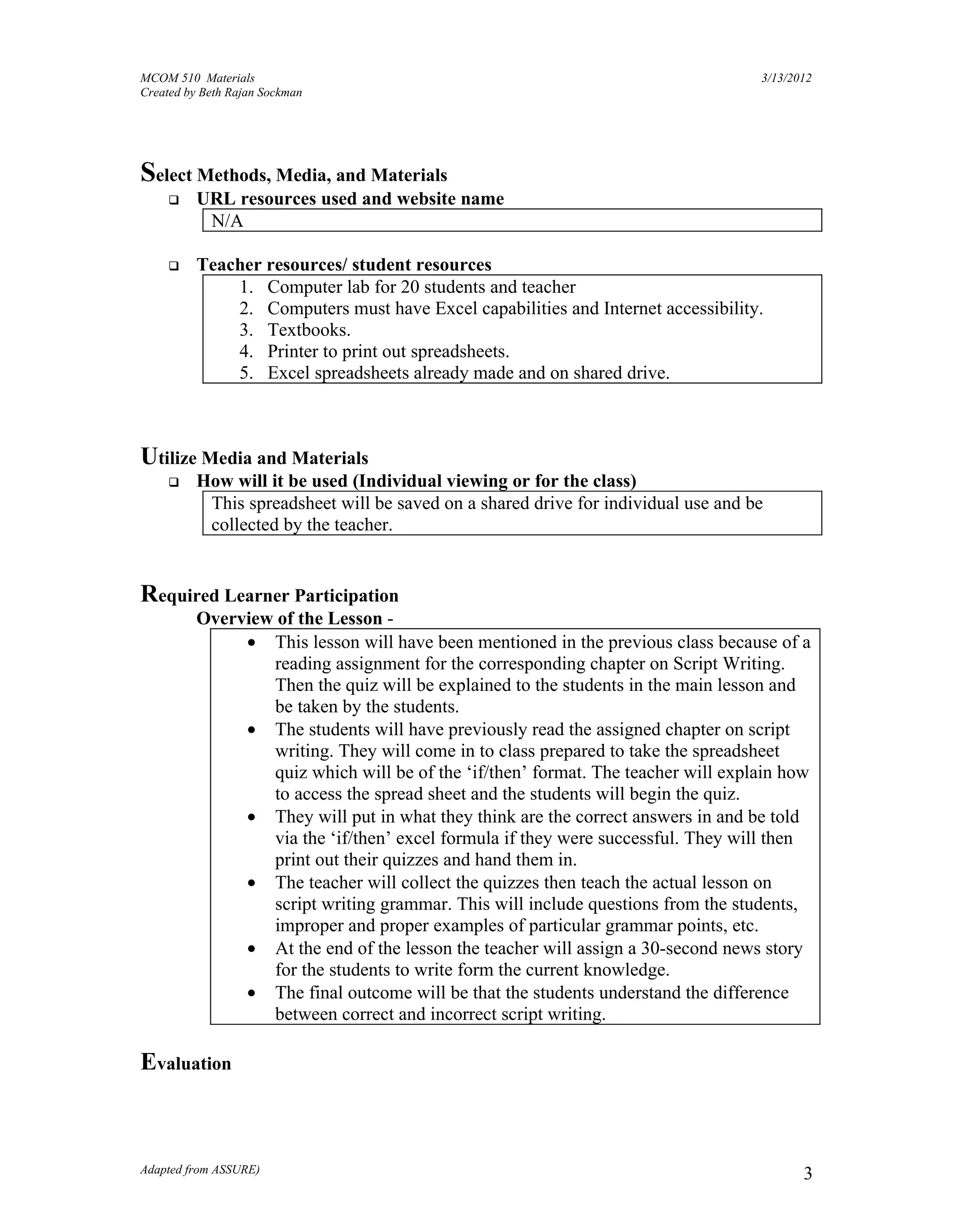 Spreadsheet Lesson Plan | DOC
