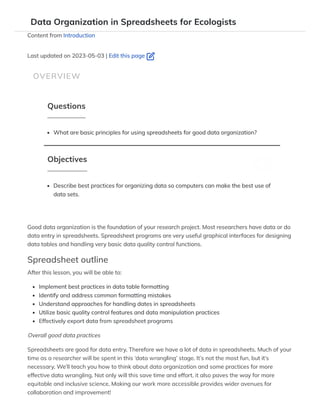 use for Spread Sheet for data management | PDF