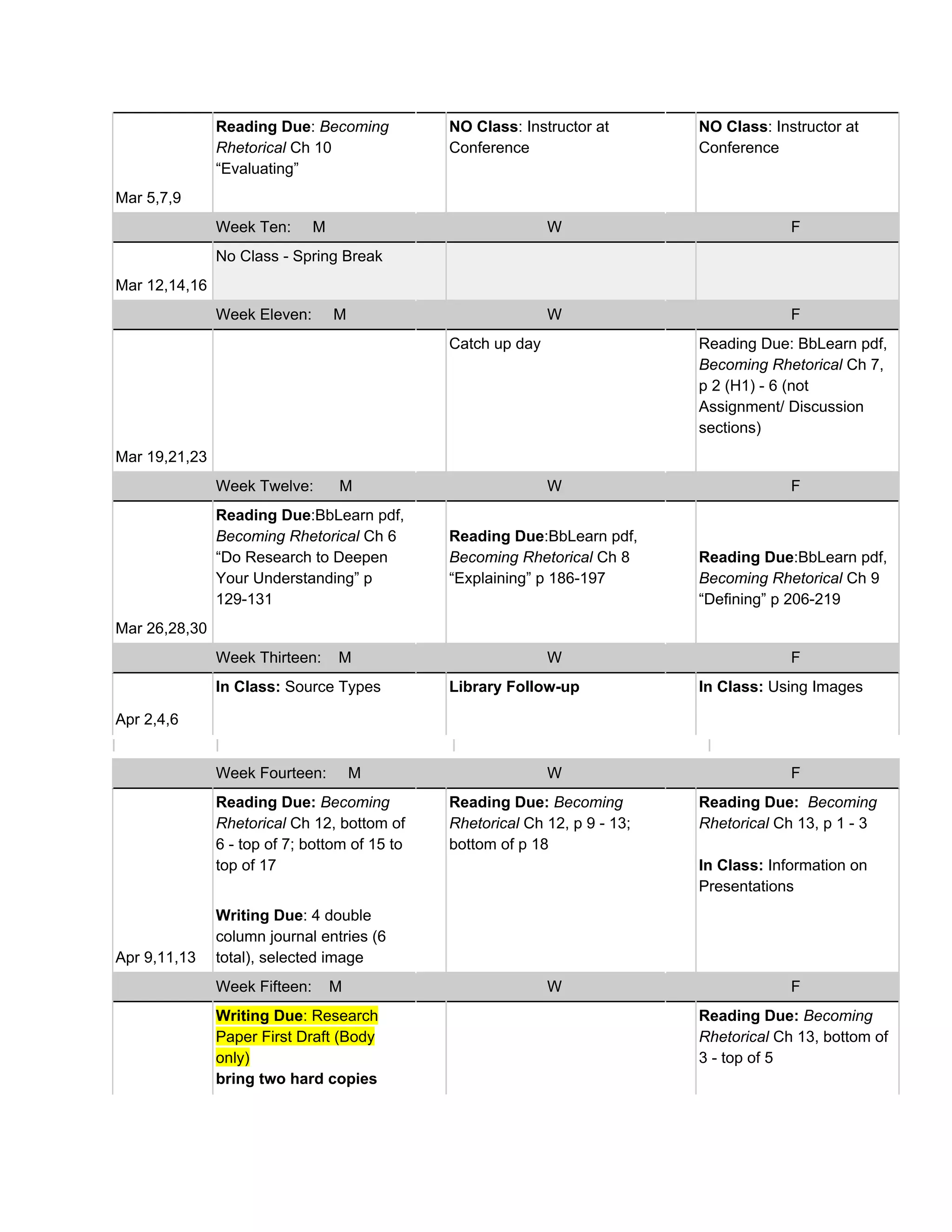 Spring 2018 eng 102 schedule mar | PDF