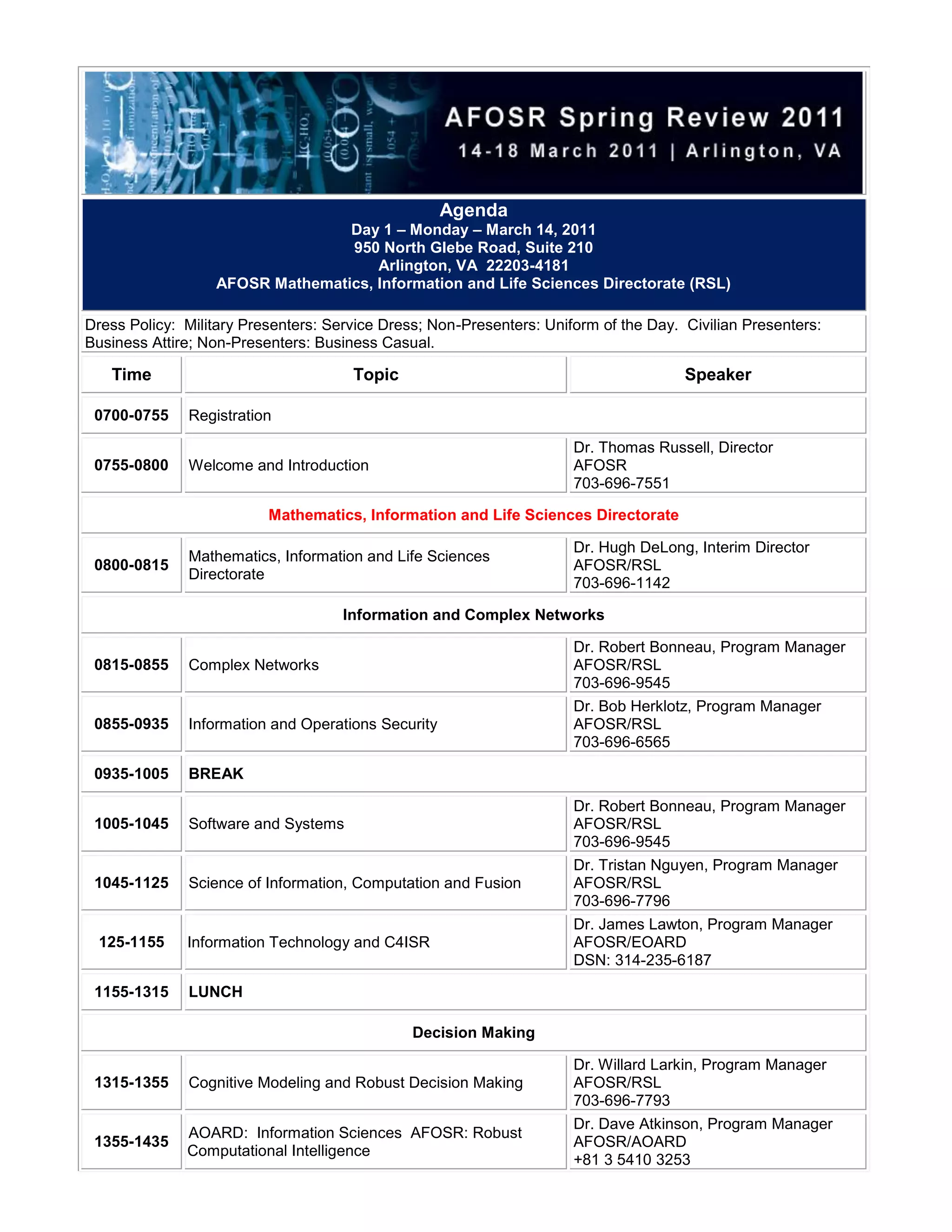 AFOSR Spring Review 2011 Agenda | PDF