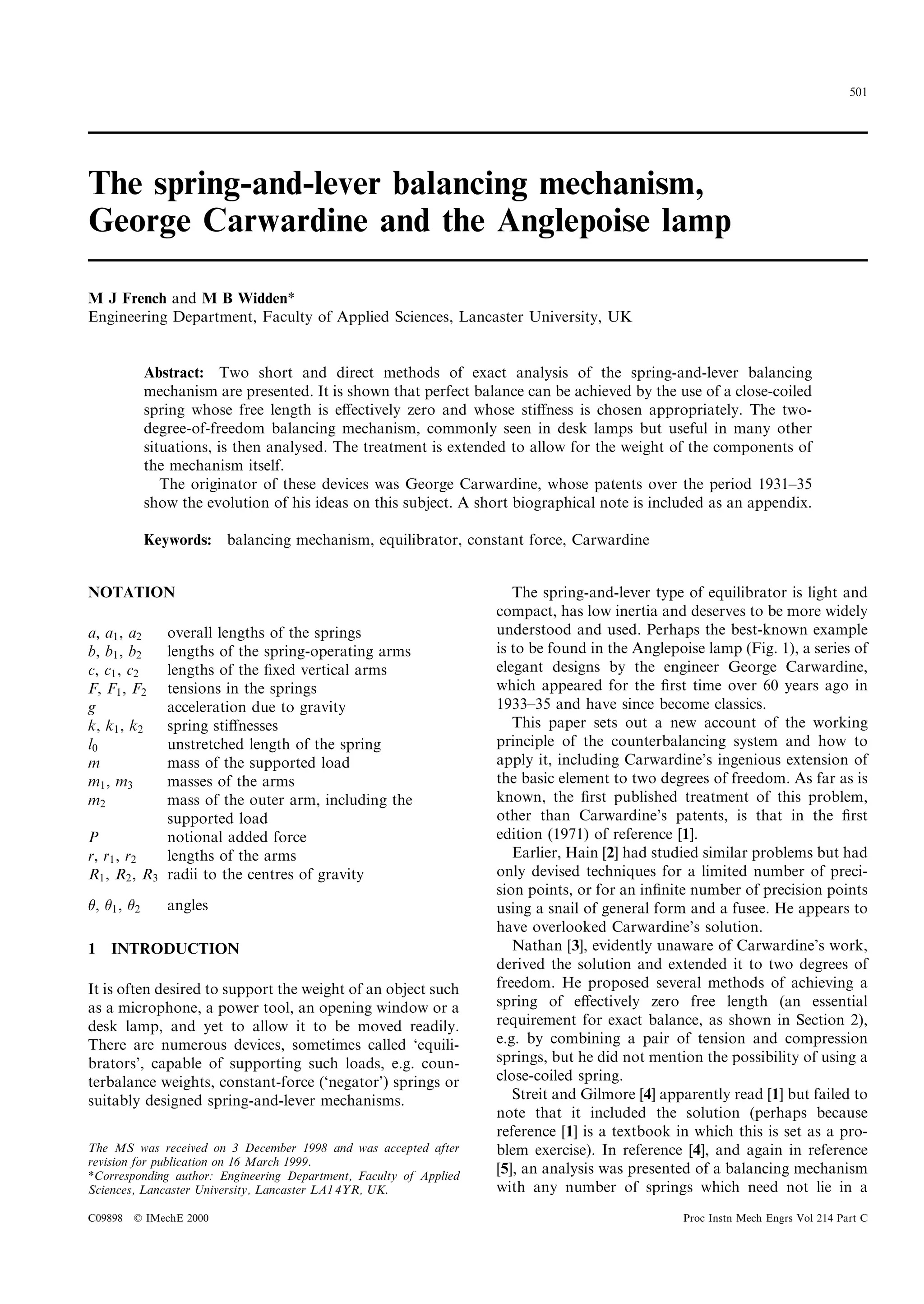Spring and lever balancing mechanism, anglepoise lamp | PDF