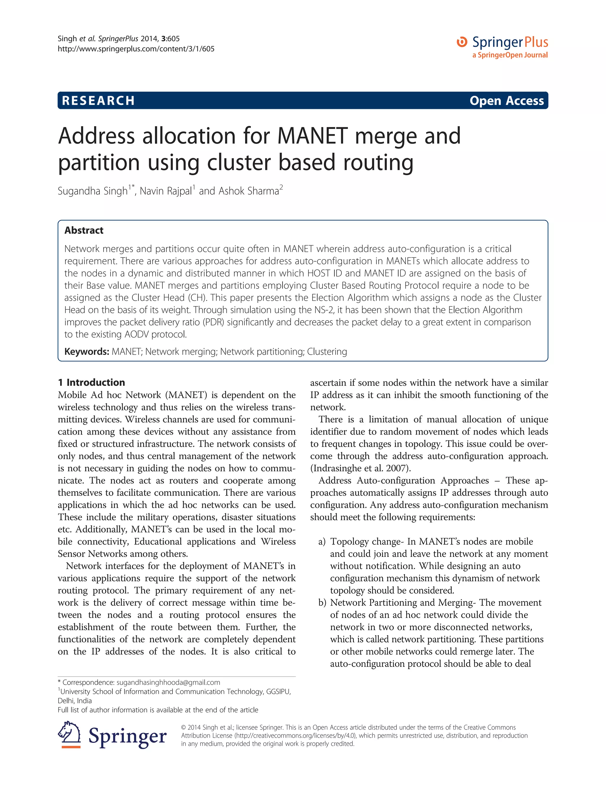 Address allocation for MANET merge and partition using cluster based routing | PDF