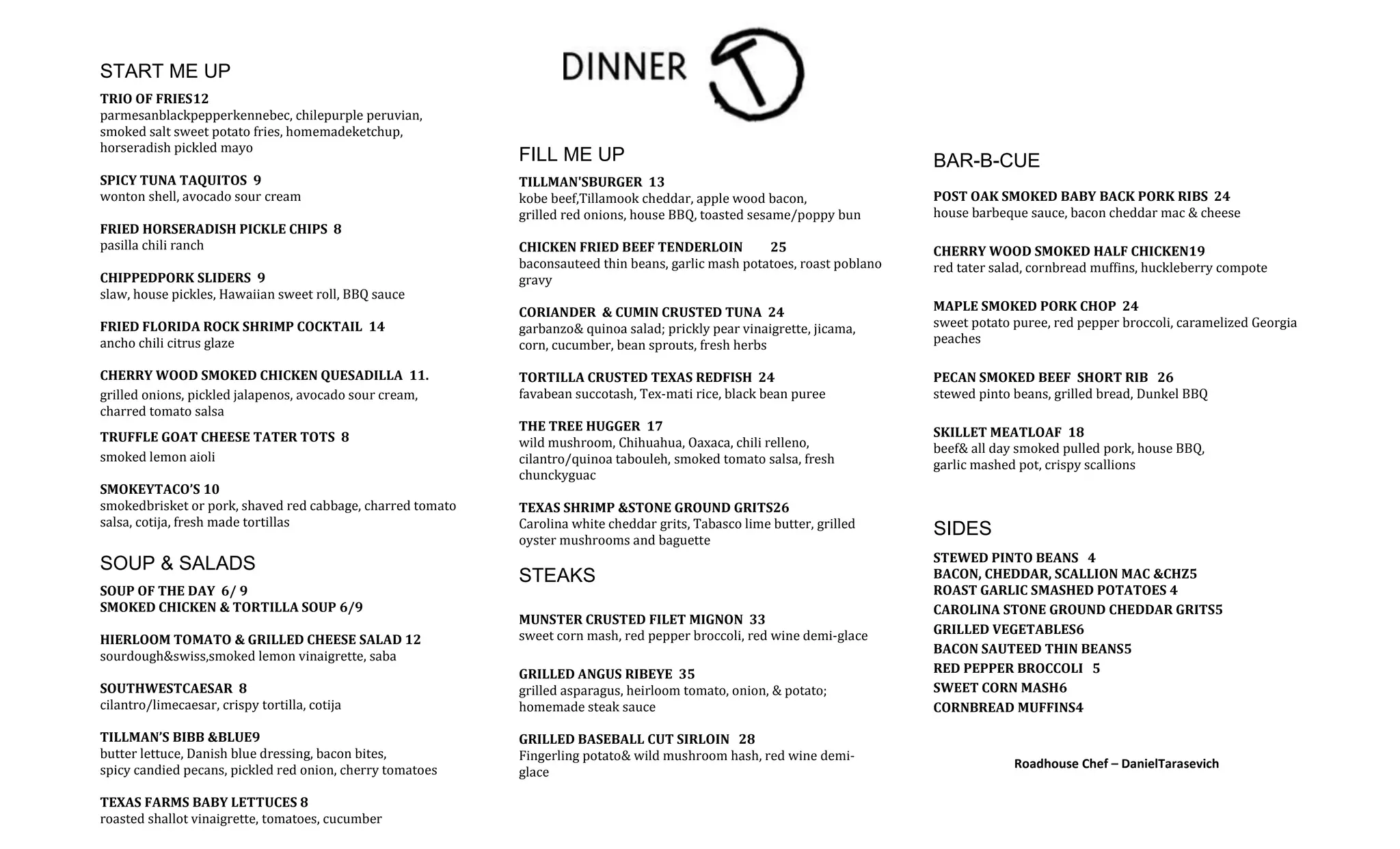 Tillman's Roadhouse Fort Worth Dinner Menu | DOCX