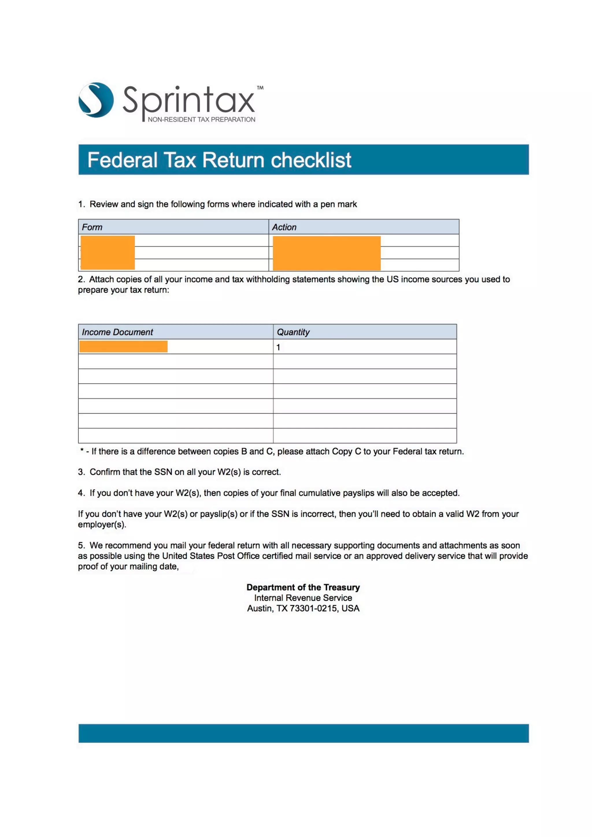 Sprintax Federal Tax Filing Checklist + Reviews | PDF