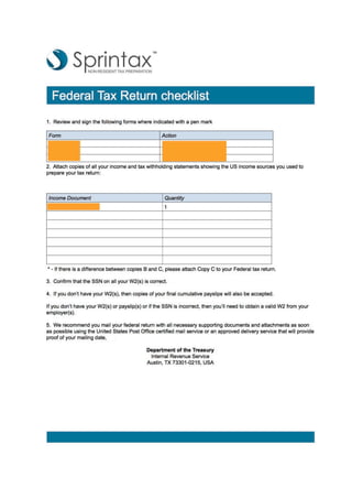 Sprintax Federal Tax Filing Checklist + Reviews | PDF