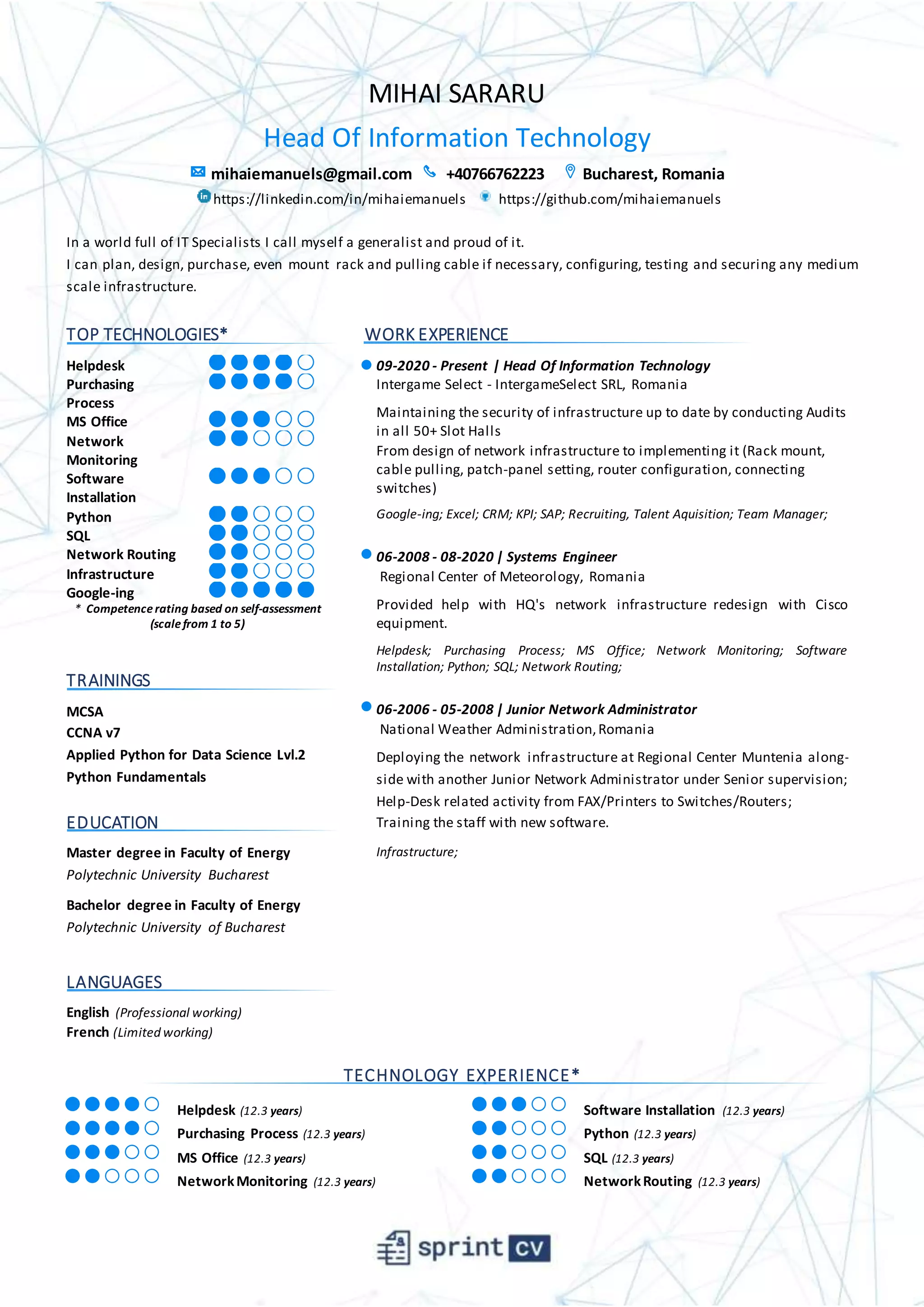 Sprint cv mihai sararu_20210802_132417 | DOCX | Computer Networking | Computing