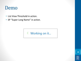 SPSNYC 2016 - Big data in SharePoint and the 5,000 Item List View Threshold | PPT