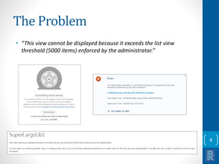 SPSNYC 2016 - Big data in SharePoint and the 5,000 Item List View Threshold | PPT