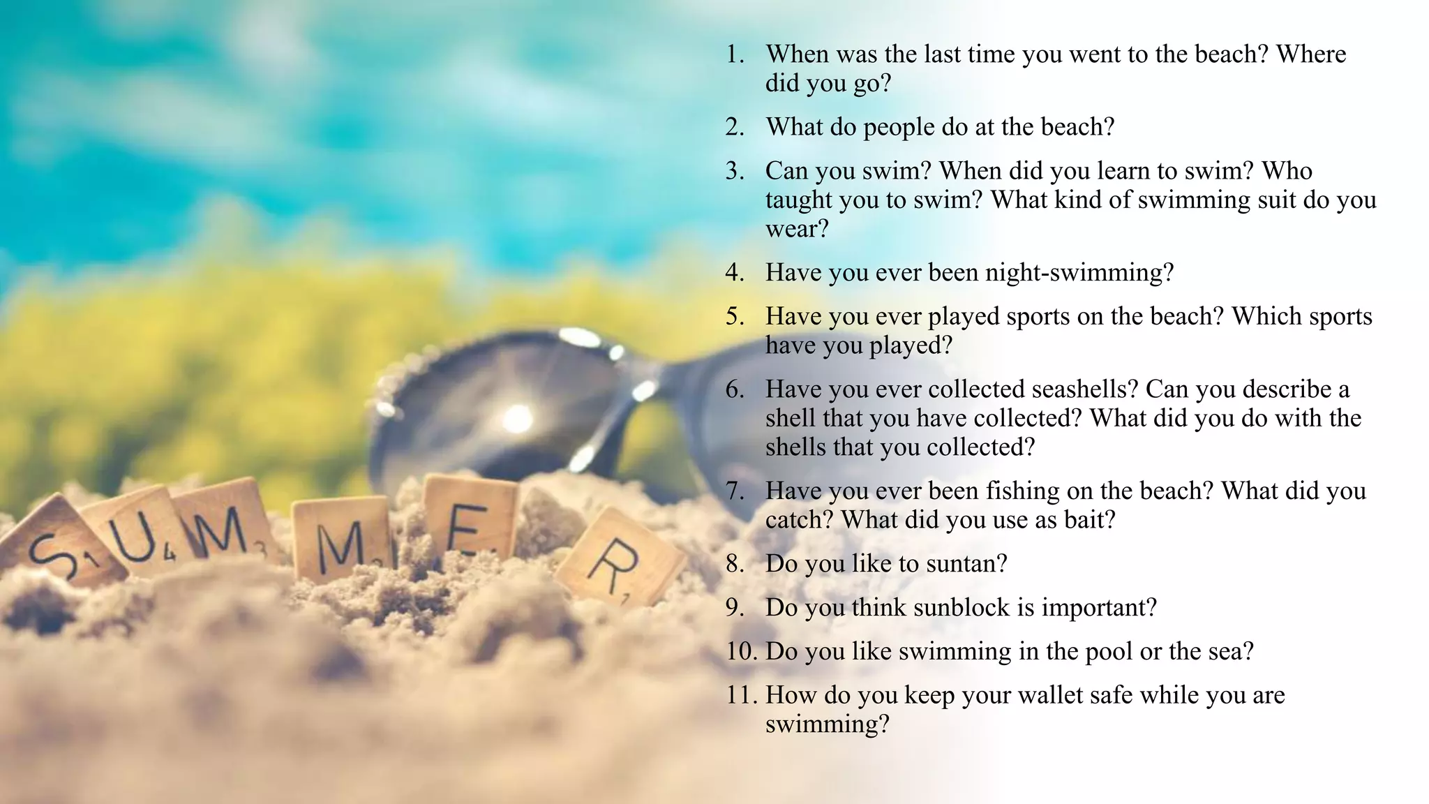 Topic: Swimming-Speaking Questions for Warm-ups | PPT