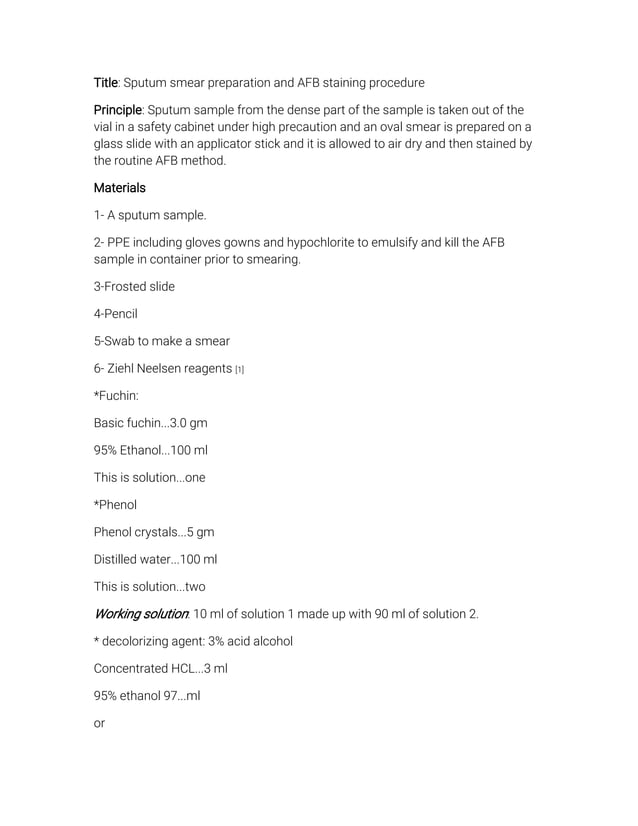Sputum smear preparation and staining | PDF | Chemistry | Science