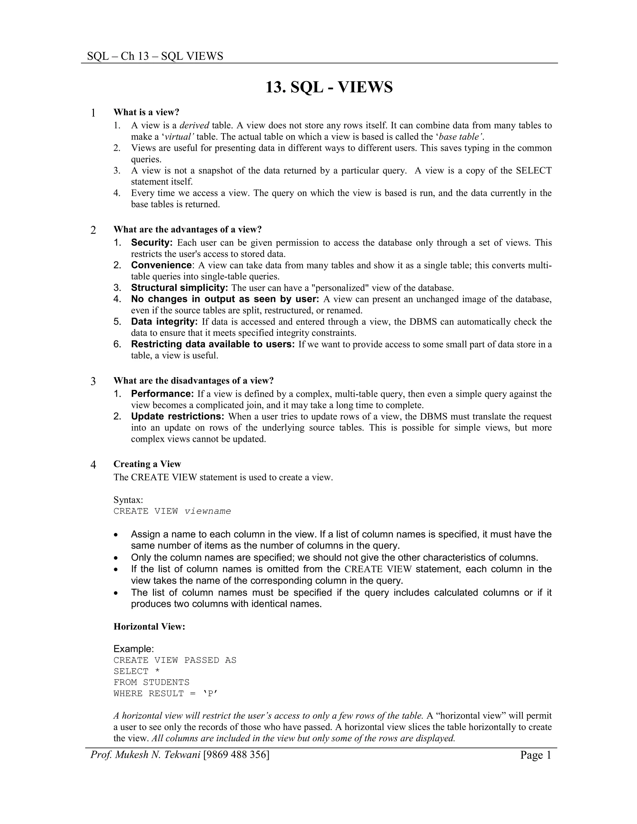 Sql ch 13 - sql-views | PDF