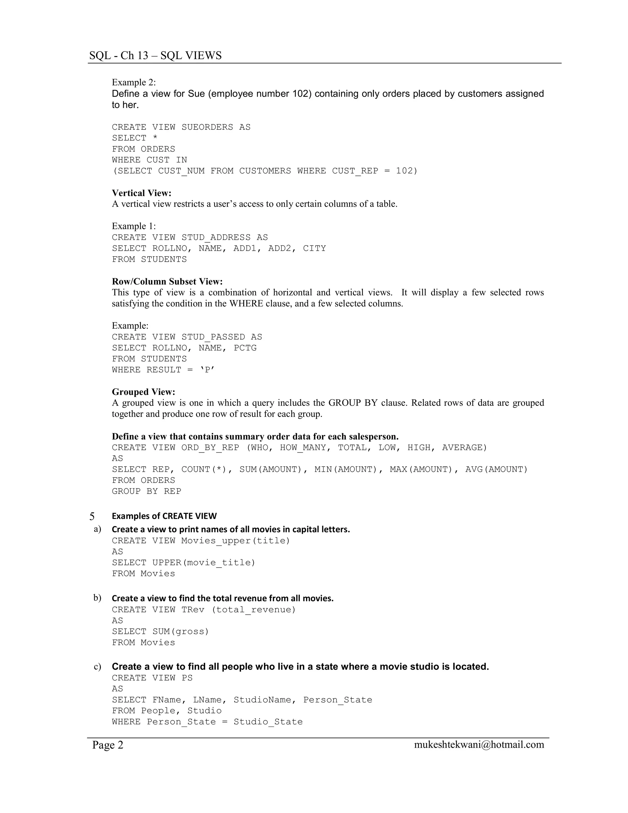 Sql ch 13 - sql-views | PDF