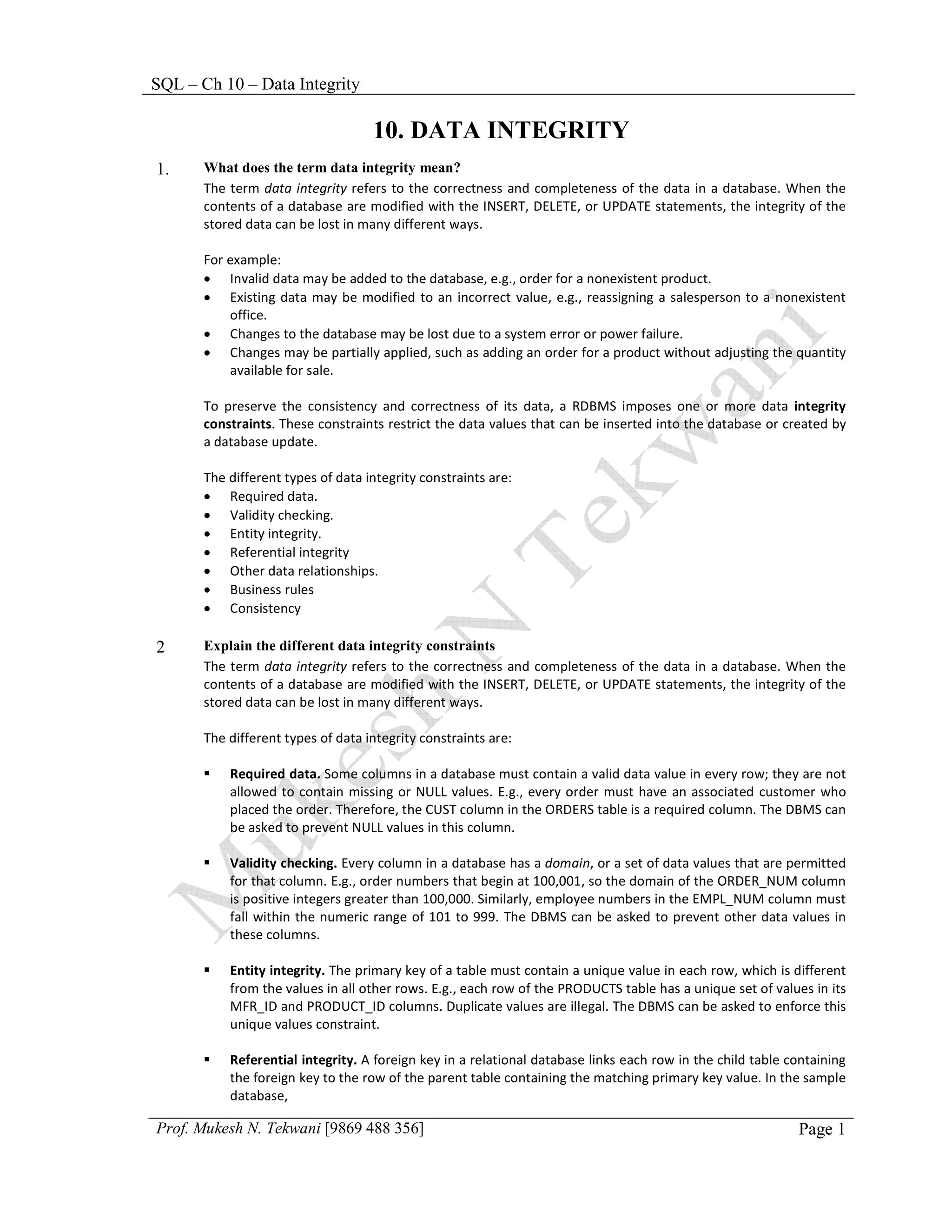 Sql ch 9 - data integrity | PDF