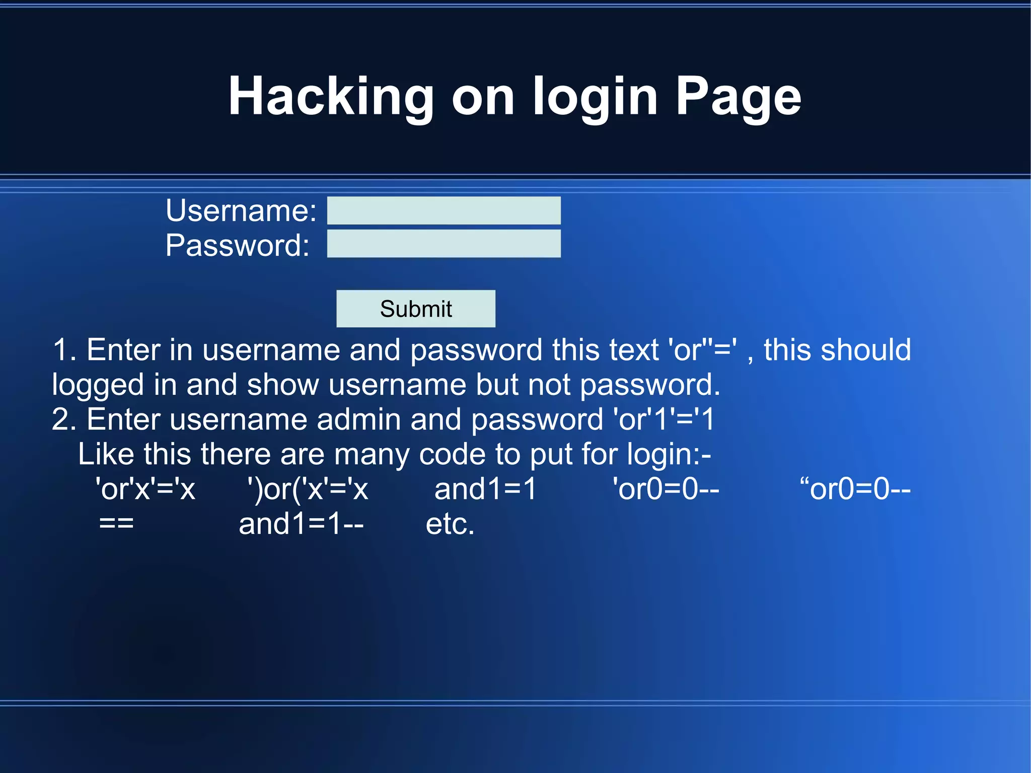 Sql injection presentation | ODP | Databases | Computer Software and Applications