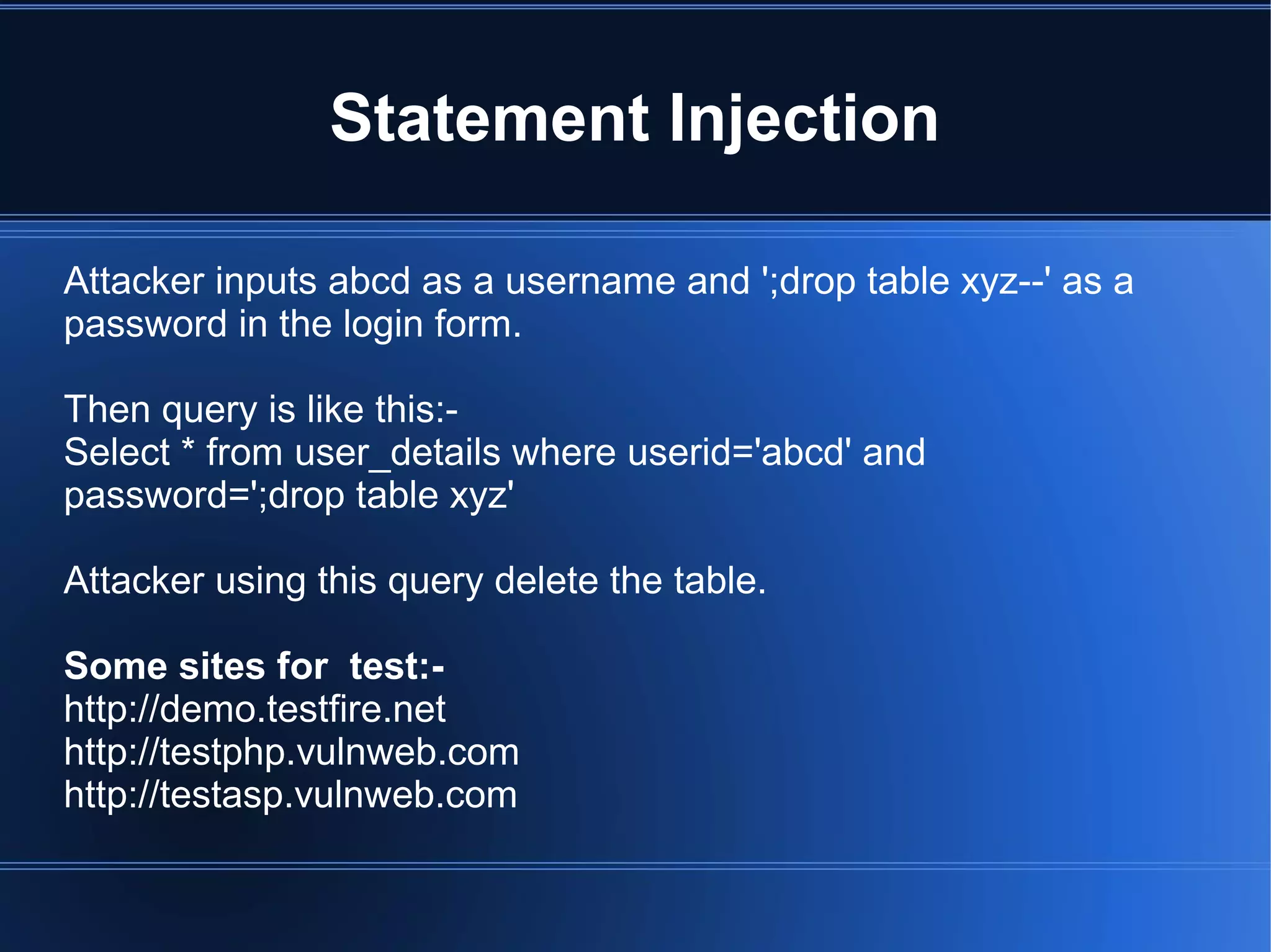 Sql injection presentation | ODP | Databases | Computer Software and ...