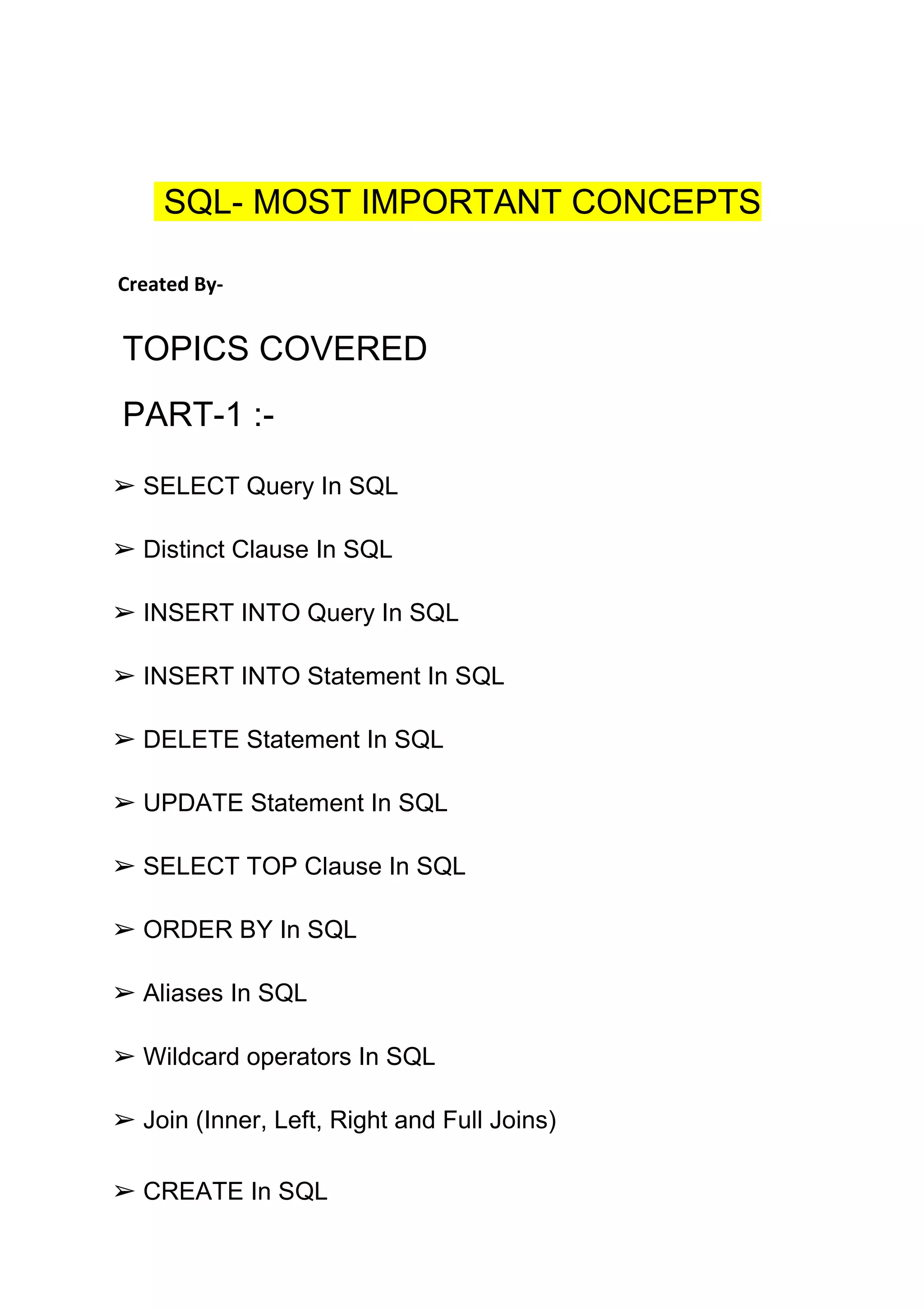 SQL- MOST IMPORTANT CONCEPTS | PDF SQL- MOST IMPORTANT CONCEPTS | PDF