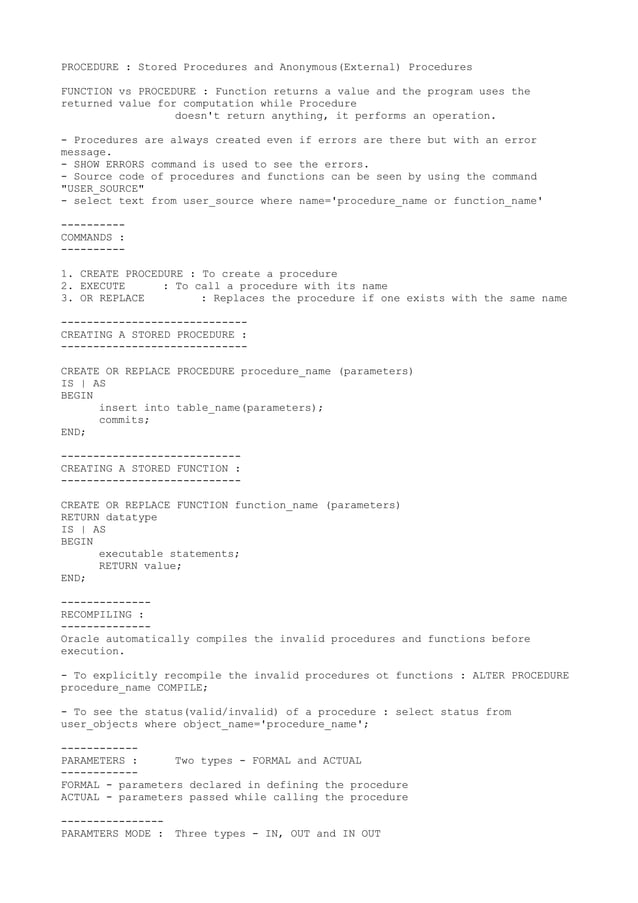 Sql procedures | TXT
