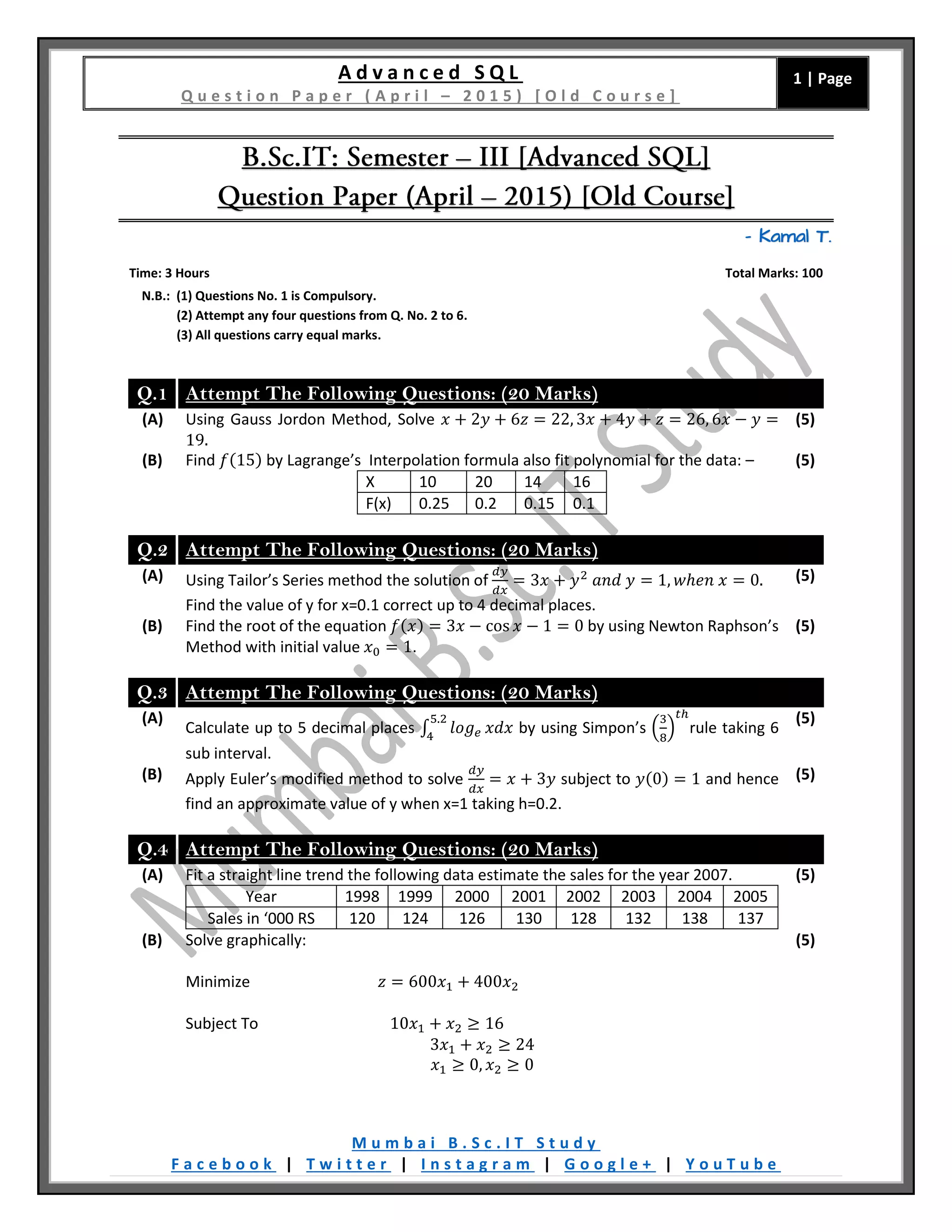 [Question Paper] Advanced SQL (Old Course) [April / 2015] | PDF
