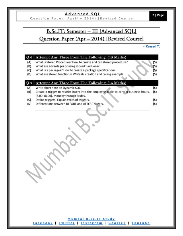 [Question Paper] Advanced SQL (Revised Course) [April / 2014] | PDF