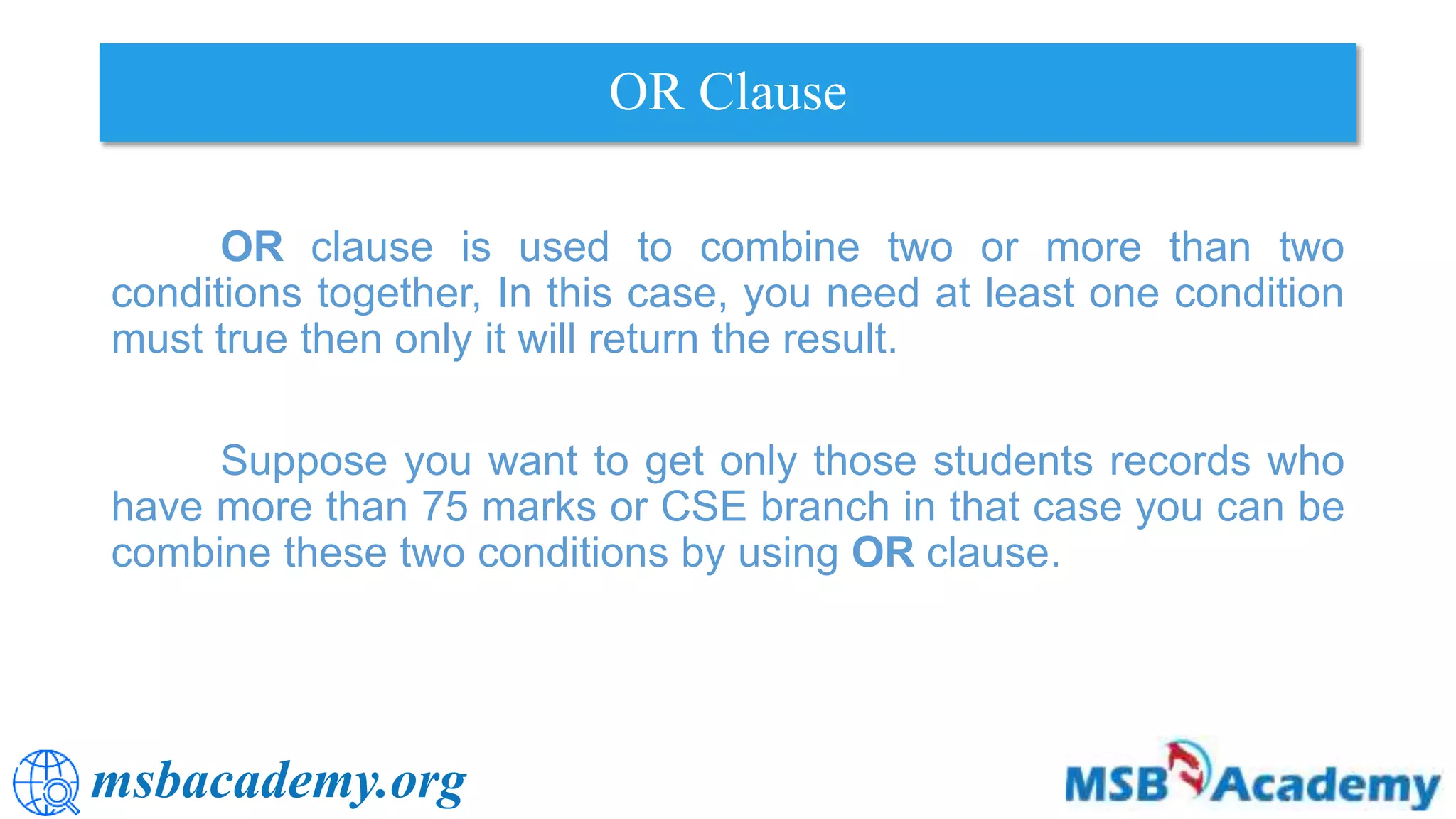 Where conditions and Operators in SQL | PPTX | Databases | Computer Software and Applications