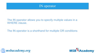 Where conditions and Operators in SQL | PPTX | Databases | Computer Software and Applications