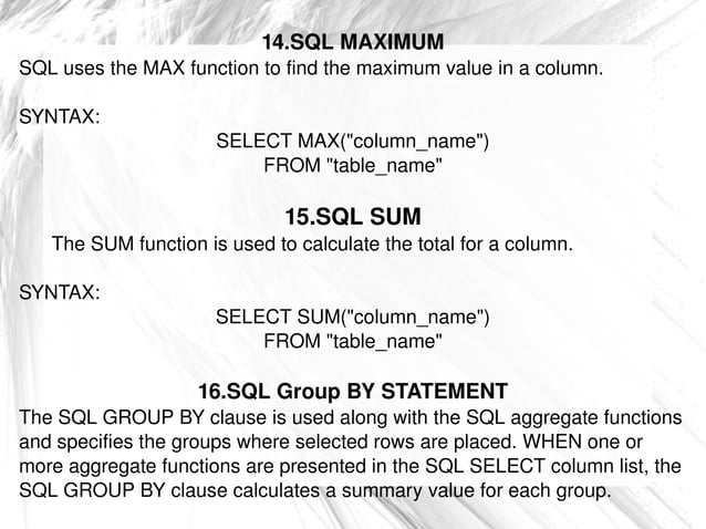 Sql commands | ODP | Databases | Computer Software and Applications