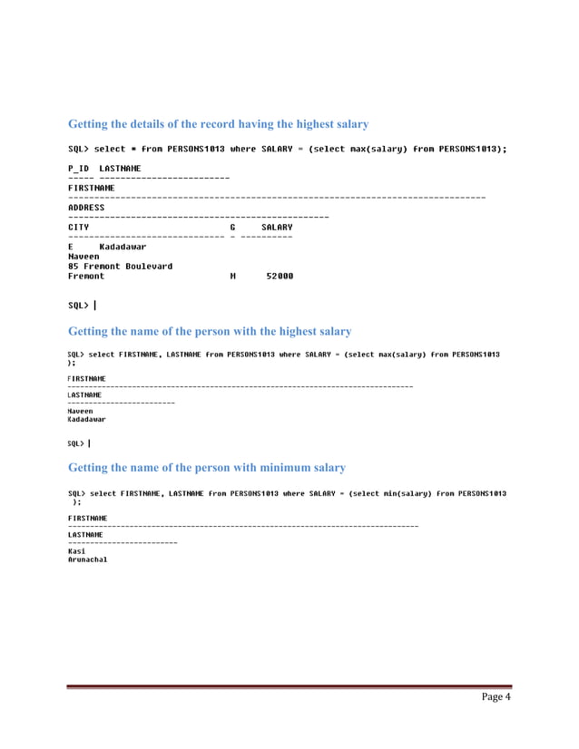 Sql commands worked out in sql plus with screen shots | PDF
