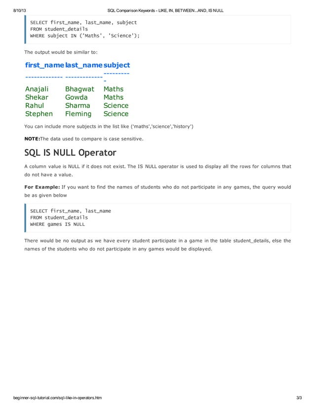 Sql comparison keywords like, in, between.. | PDF