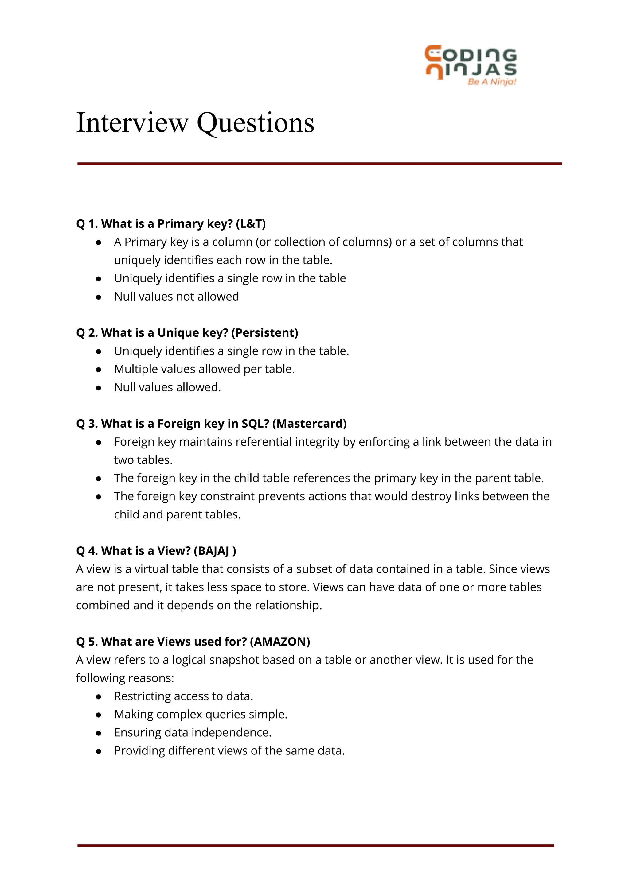 SQL dabatase interveiw pdf for interveiw preparation | PDF