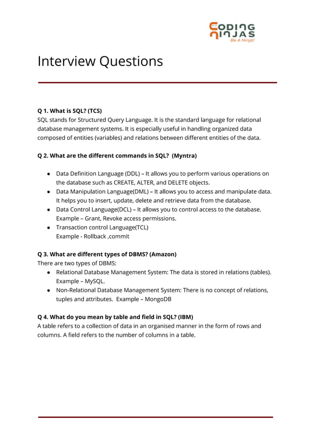 SQL dabatase interveiw pdf for interveiw preparation | PDF