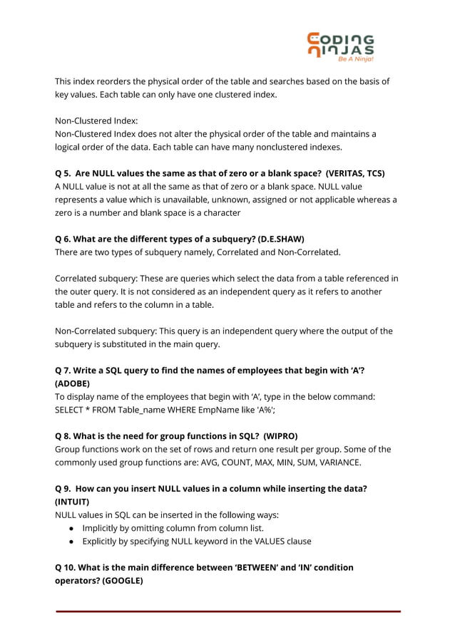 SQL dabatase interveiw pdf for interveiw preparation | PDF