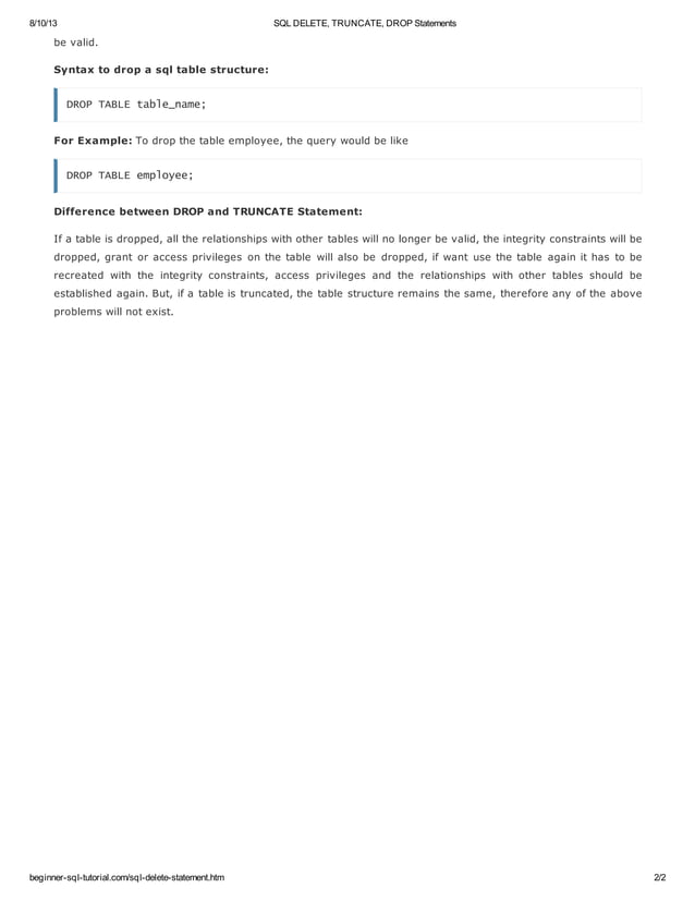Sql Delete Truncate Drop Statements Pdf Databases Computer Software And Applications
