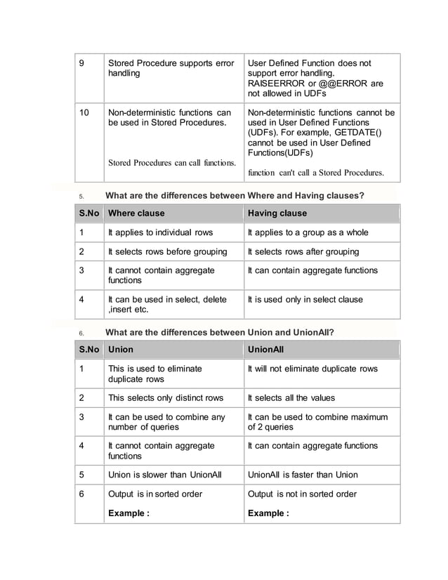 SQL Differences SQL Interview Questions | DOCX | Web Development | Internet