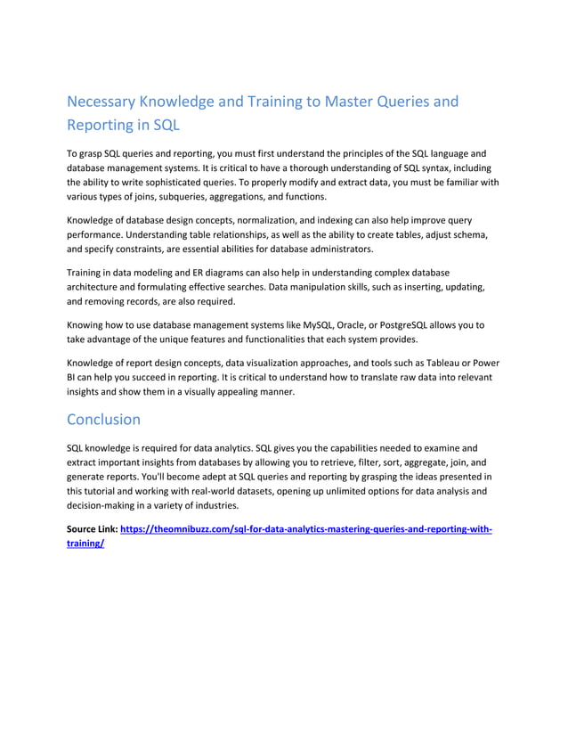 SQL for Data Analytics: Mastering Queries and Reporting with Training | PDF