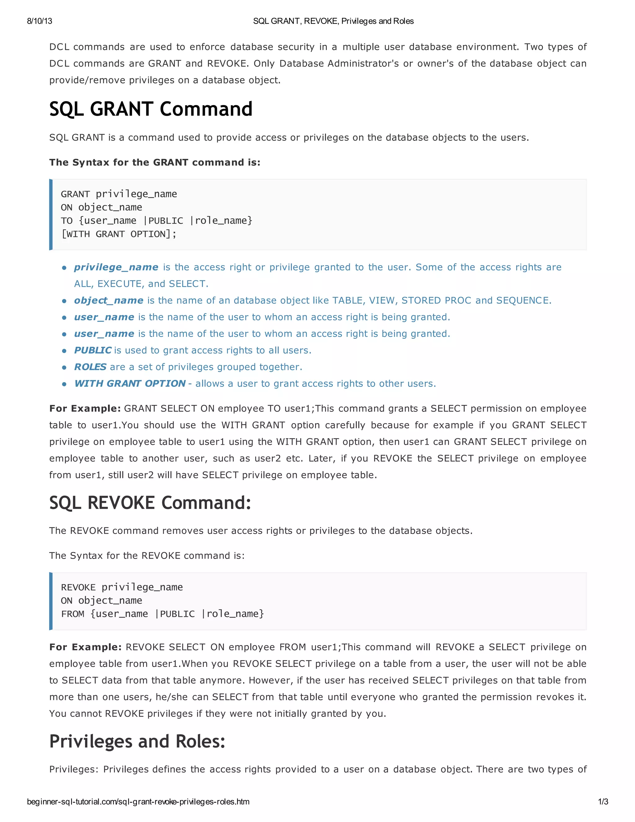 Sql grant, revoke, privileges and roles | PDF