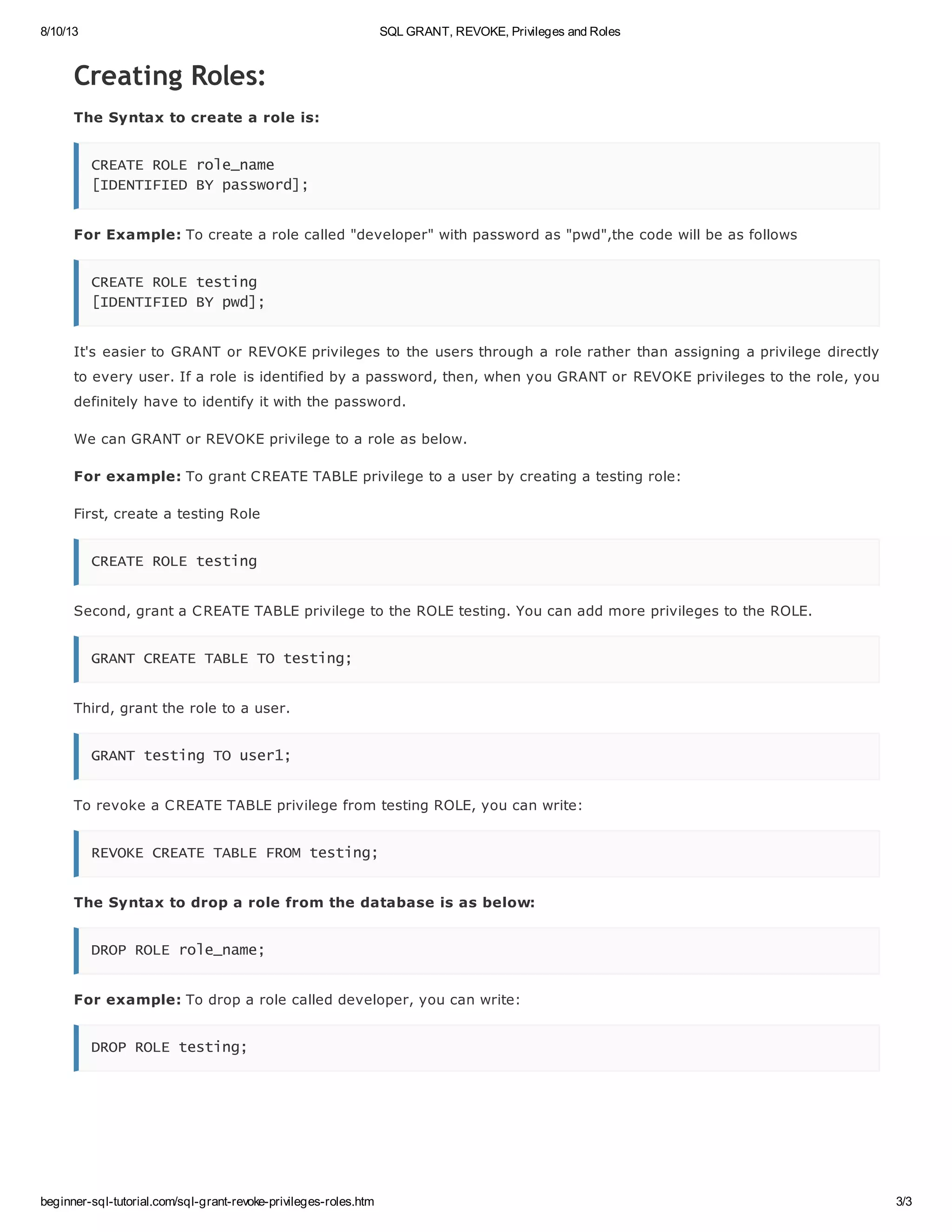 Sql grant, revoke, privileges and roles | PDF